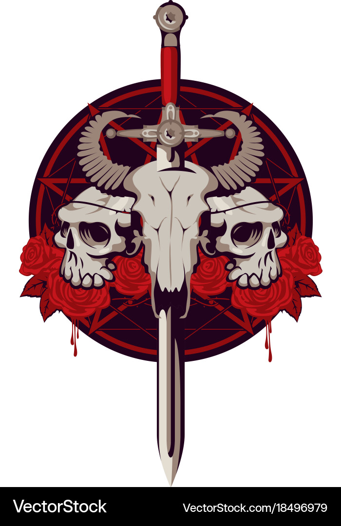 Emblem mit Schädel Schwert Rosen und Pentagramm Vektorbild