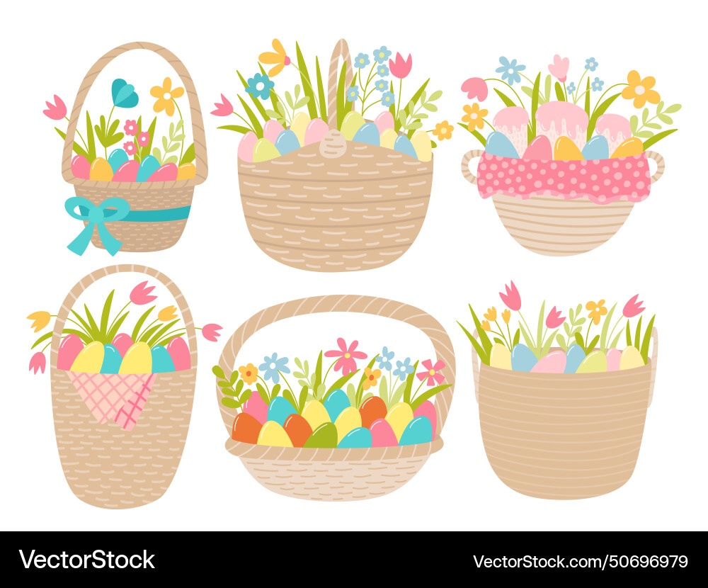 Flat easter baskets with colored eggs Royalty Free Vector