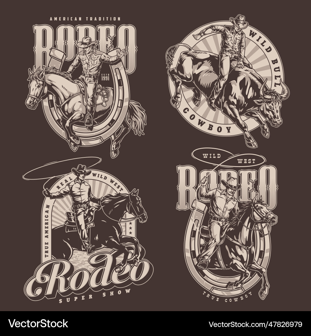 Rodeo festival set posters monochrome Royalty Free Vector
