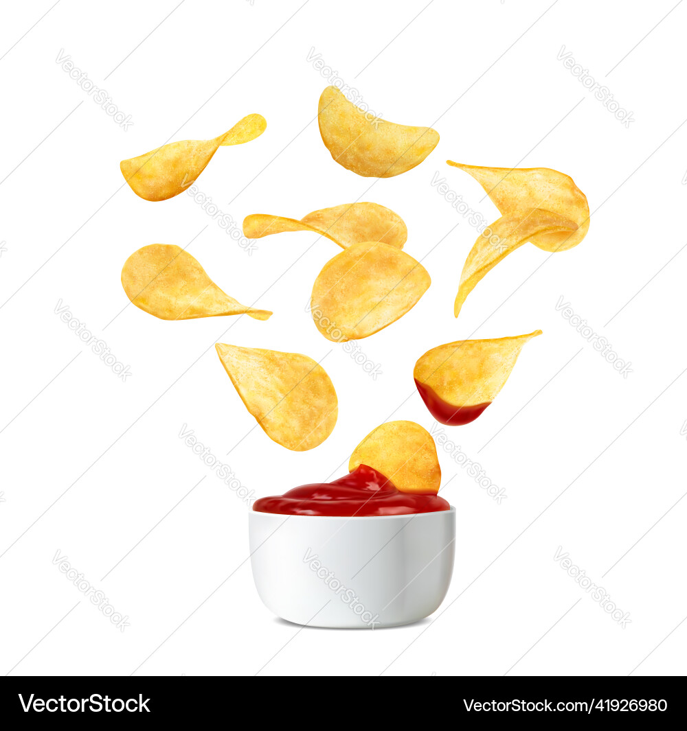 Falling realistic crispy potato chips and ketchup Vector Image