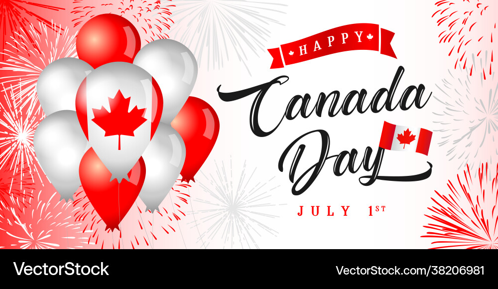 Canada day flying 3d balloons and fireworks Vector Image