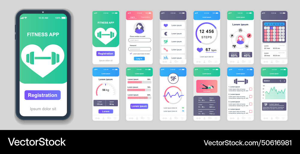 Fitness mobile app screens set for web templates Vector Image