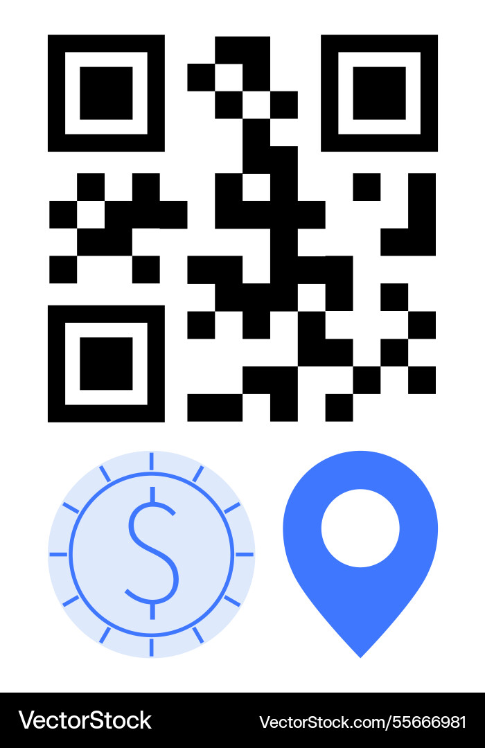 Qr-Code mit blauem Lagestift und Dollar Münze Vektorbild