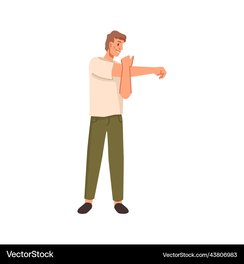 Cartoon man doing sport exercises stretching arm Vector Image