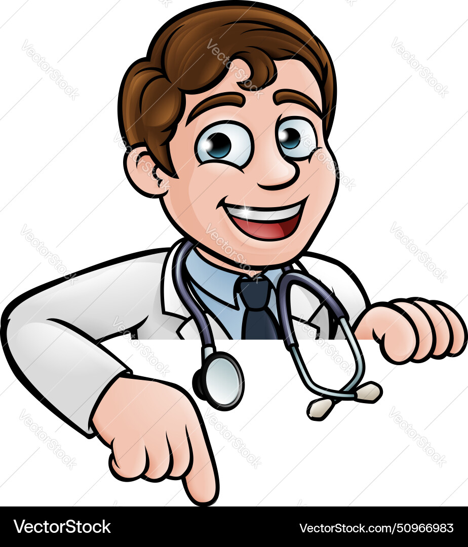 Doctor cartoon character pointing Royalty Free Vector Image