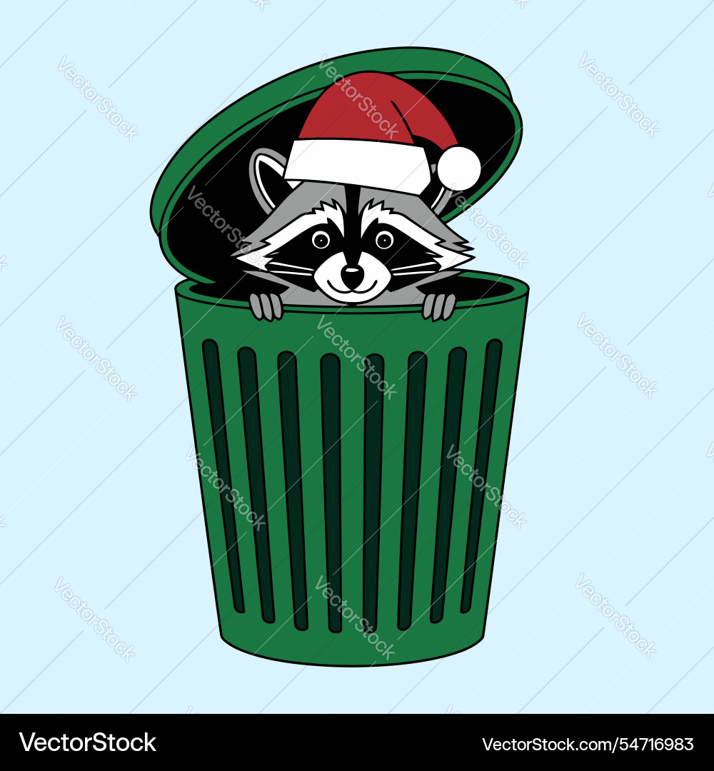 Raccoon with santa hat in trash can Royalty Free Vector