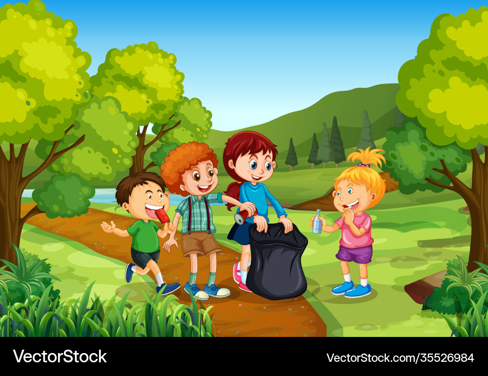 Children at ourdoor nature background Royalty Free Vector