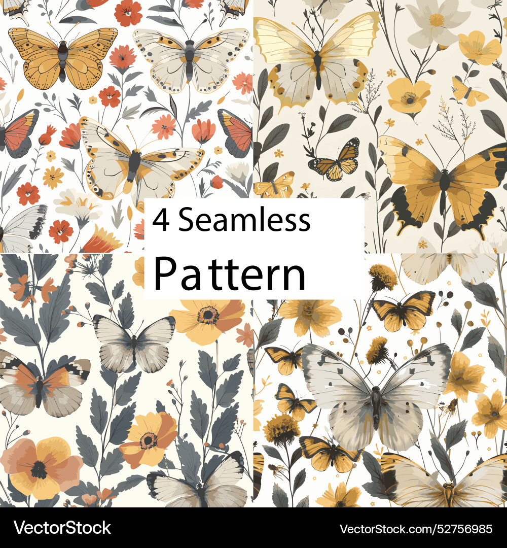 4 patterns featuring butterflies and flowers Vector Image