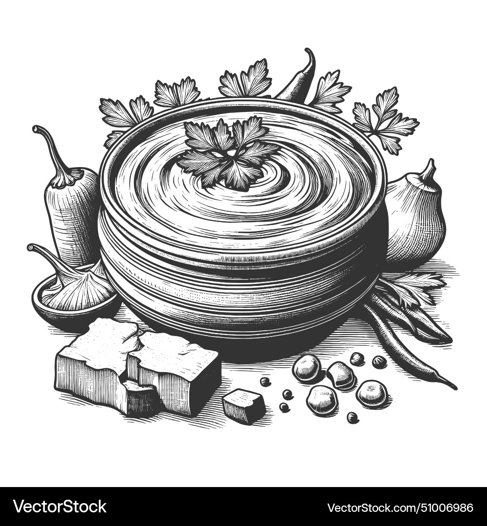 Rustic hummus bowl engraving sketch Royalty Free Vector