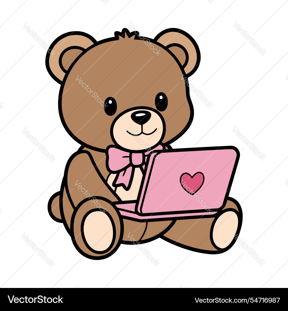 Cute teddy bear with pink laptop Royalty Free Vector Image