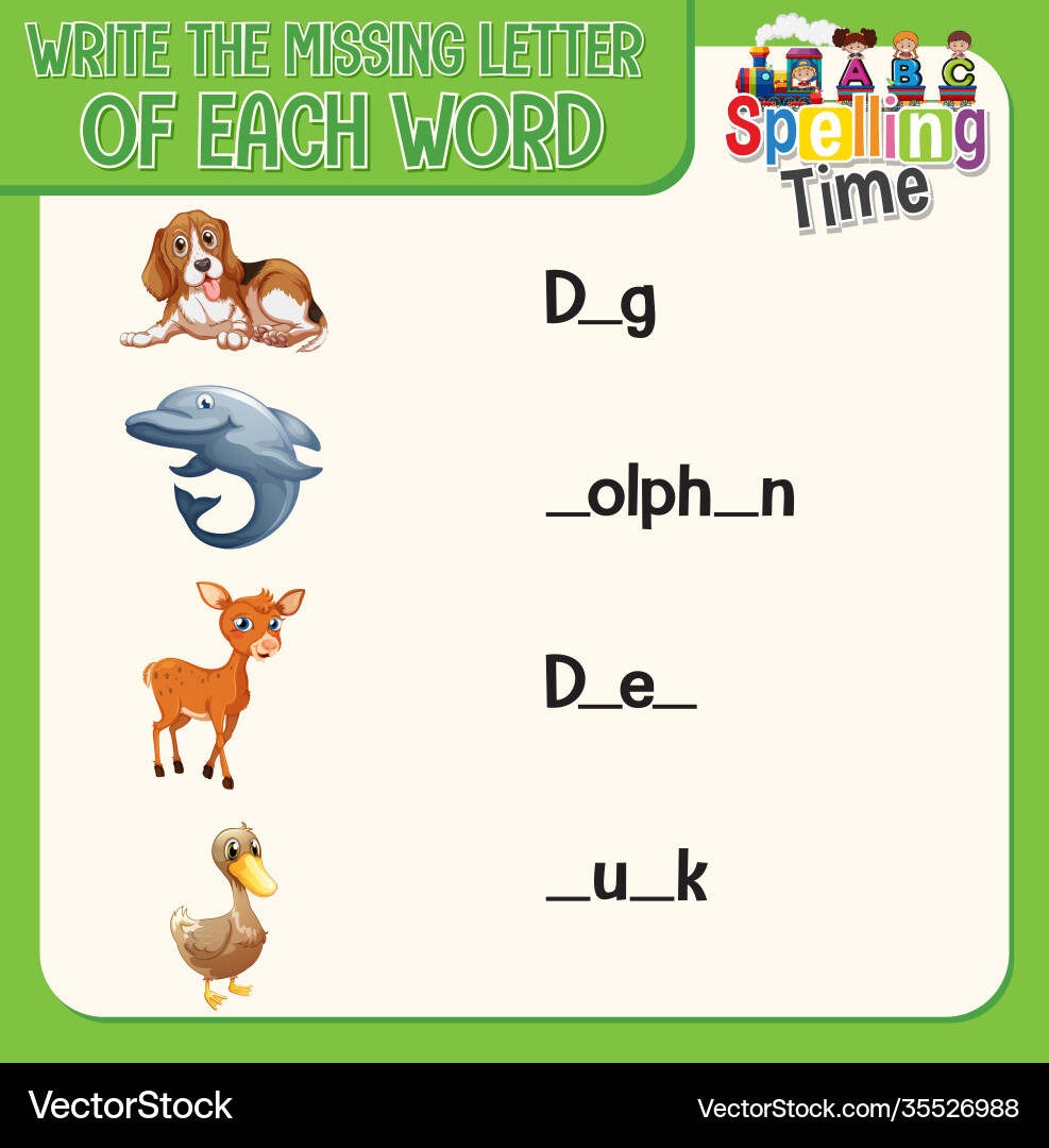 Write missing letter each word worksheet Vector Image