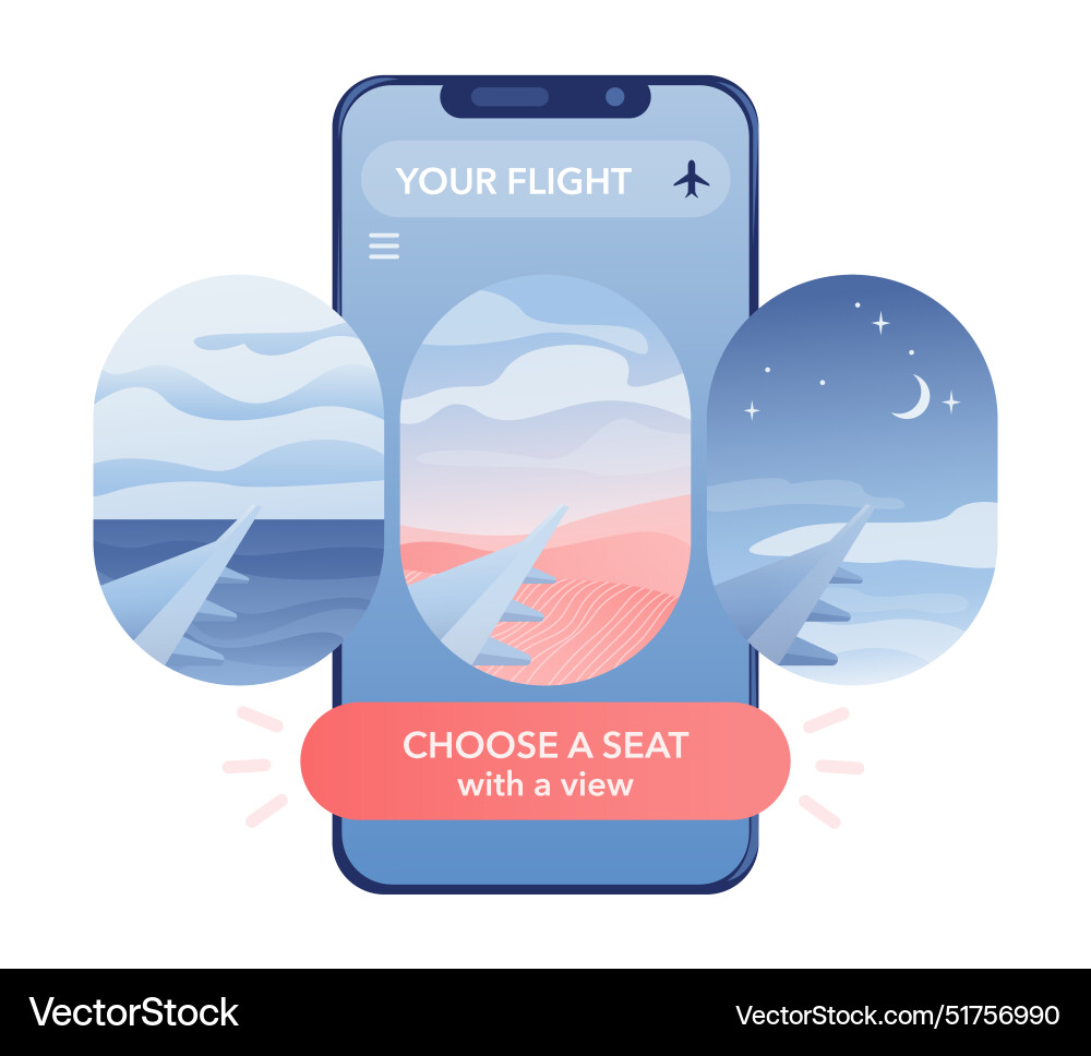 Mobile app shows 3 views for seat selection Vector Image