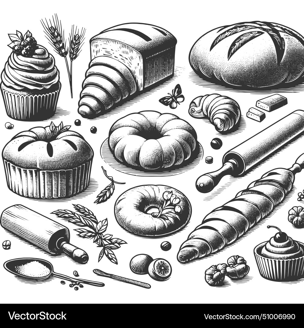 Vintage baking pastry engraving collection Vector Image