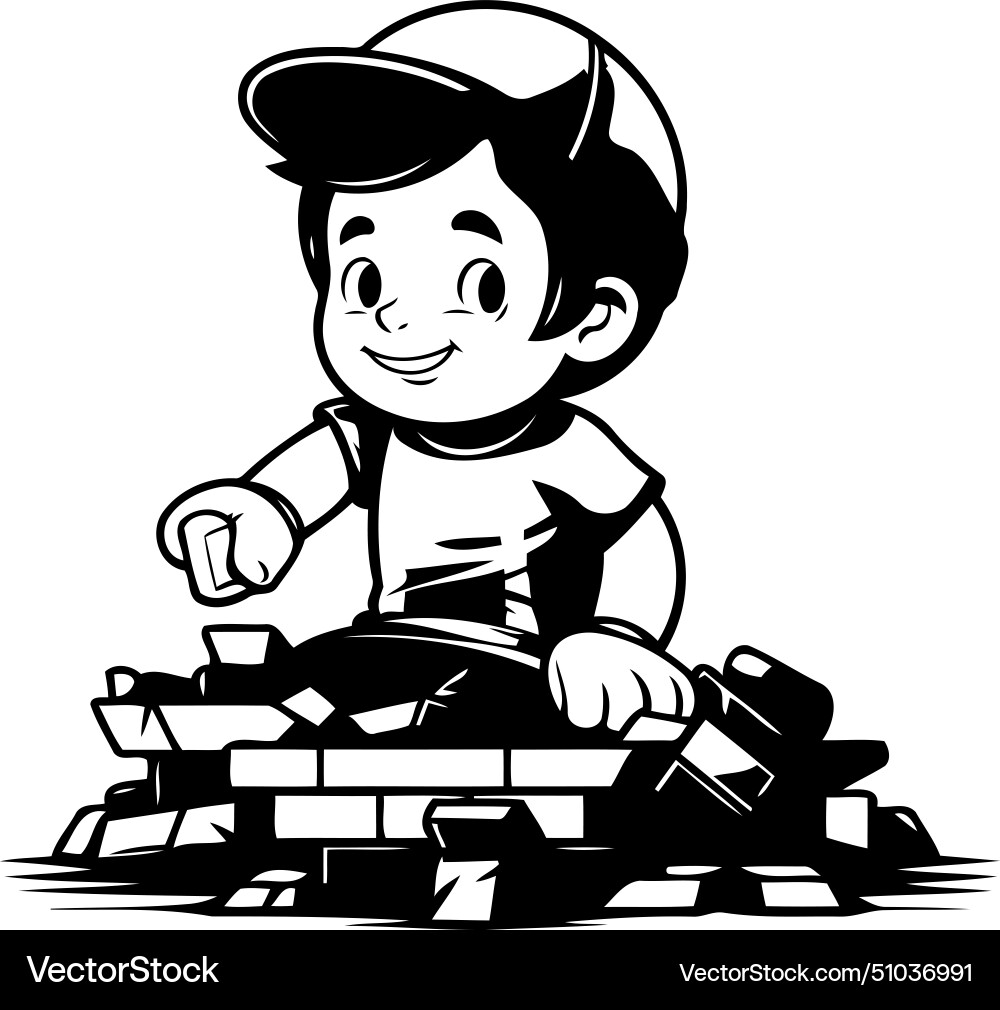 Cartoon boy bricklayer worker building brick wall Vector Image