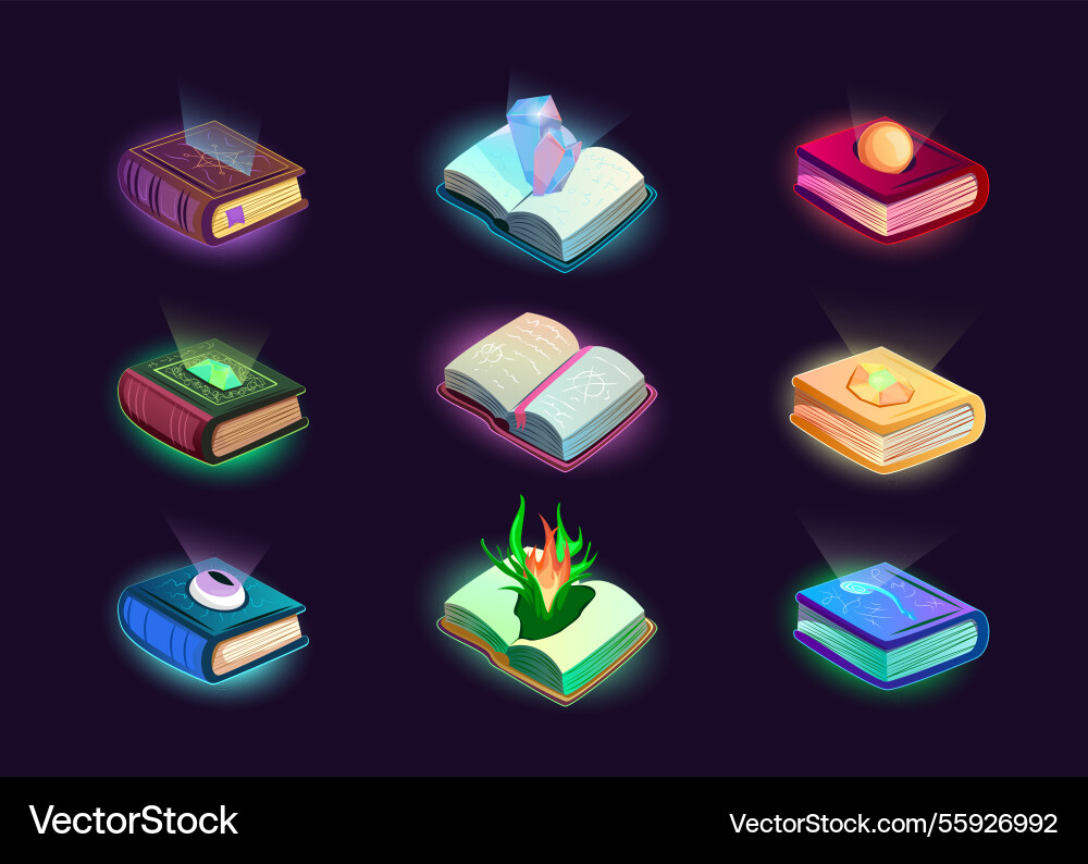 Cartoon color different game alchemy books set Vector Image