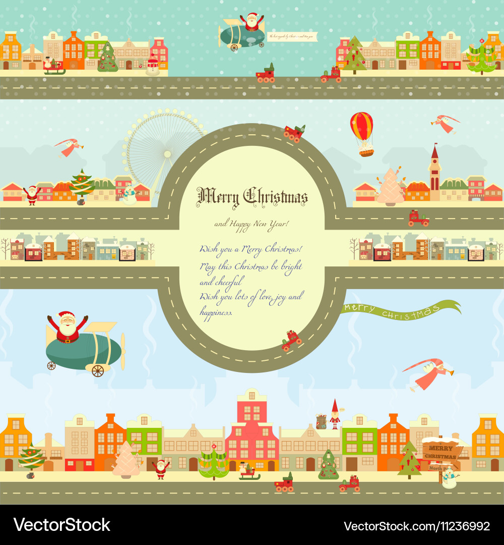 Christmas characters on city map Royalty Free Vector Image