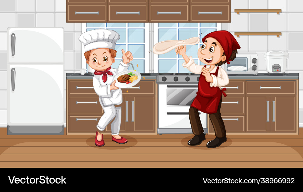 Kitchen scene with two chefs cartoon character Vector Image