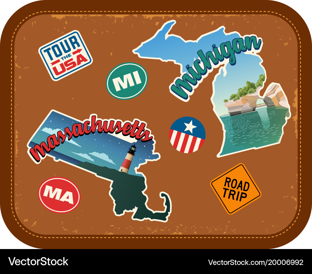 Massachusetts michigan travel stickers Royalty Free Vector