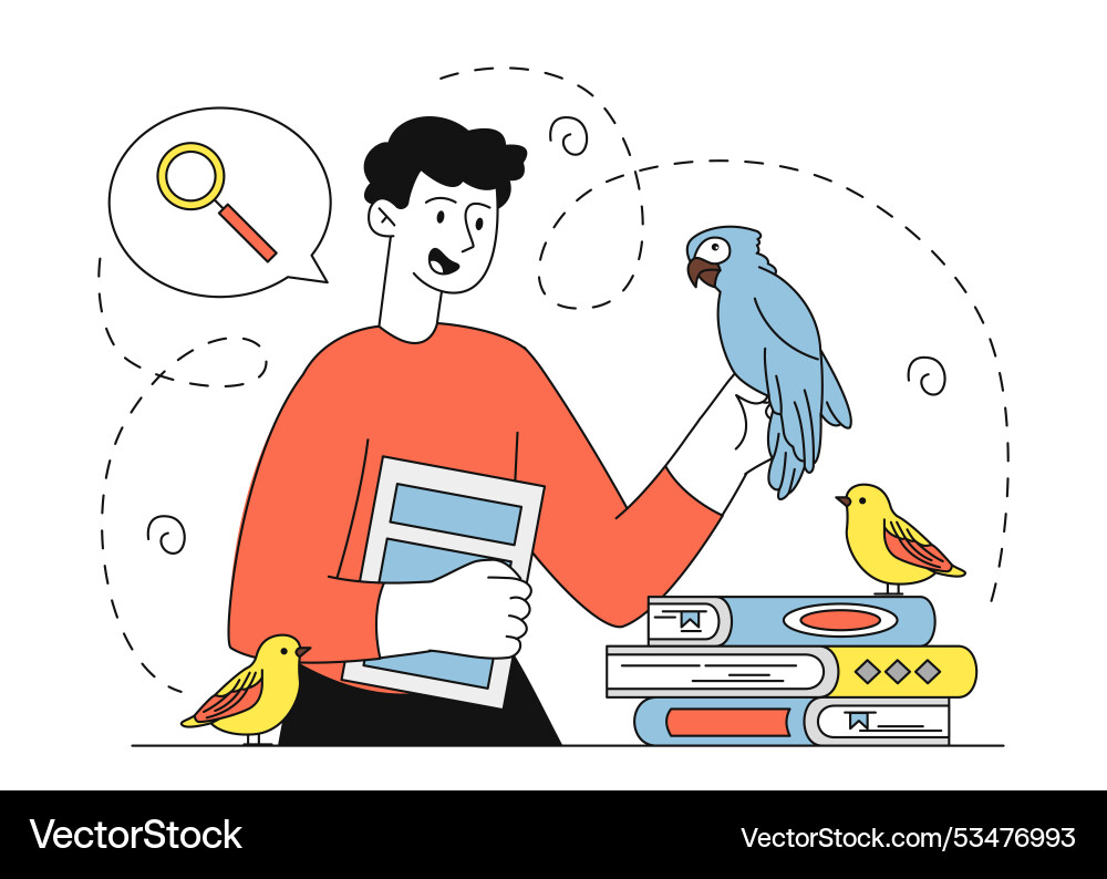 Ornithologist with parrot man book in his Vector Image