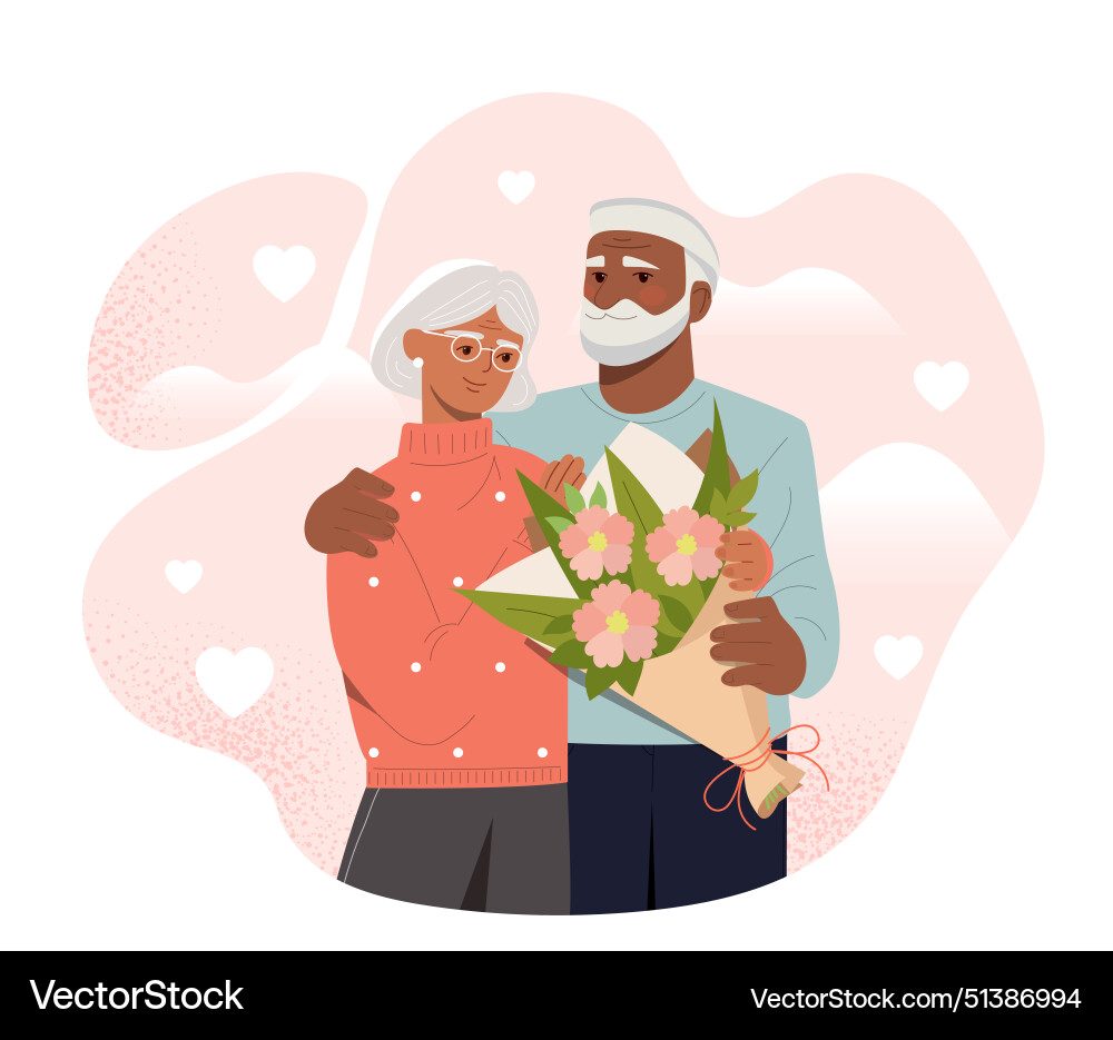 Elderly couple with bouquet Royalty Free Vector Image