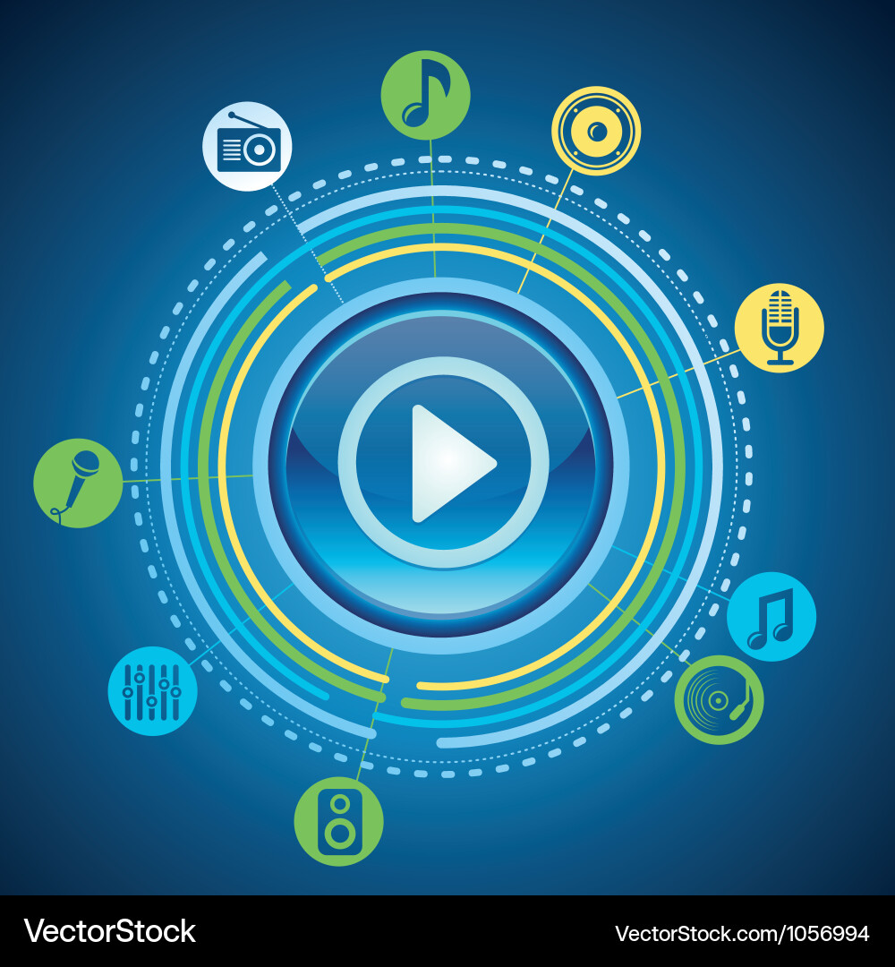 Music concept with bright play button and icons Vector Image