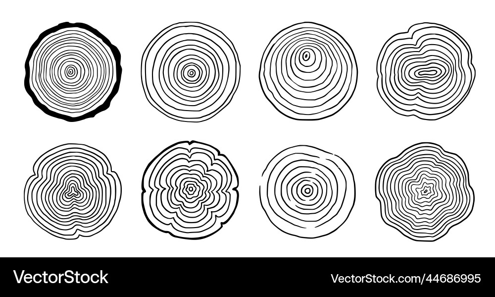 Tree ring wood circle set hand drawn Royalty Free Vector