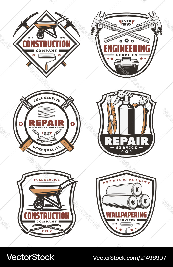 Construction company retro badge with repair tool Vector Image