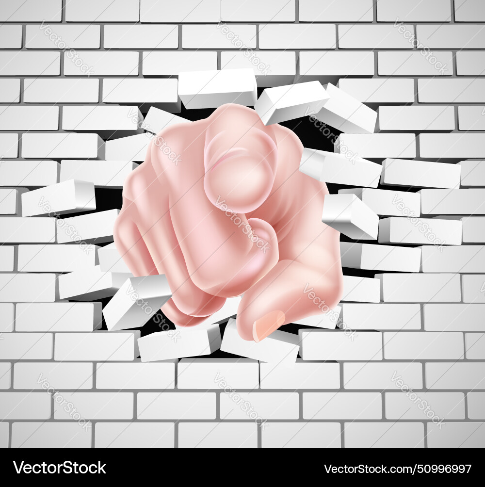 Pointing hand breaking white brick wall Royalty Free Vector