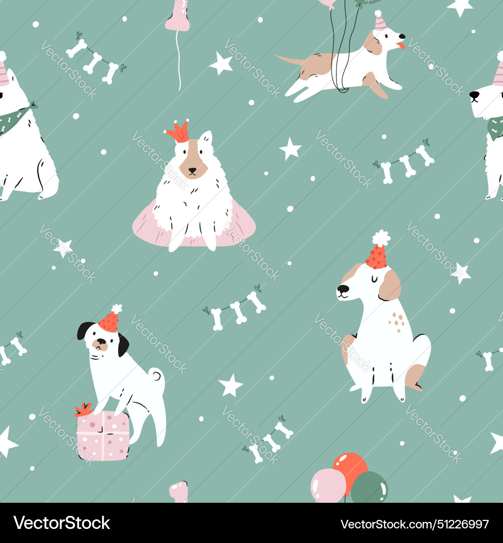Seamless pattern with holiday dogs and birthday Vector Image