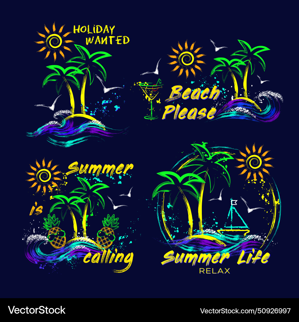 Summer neon labels with tropical island Royalty Free Vector