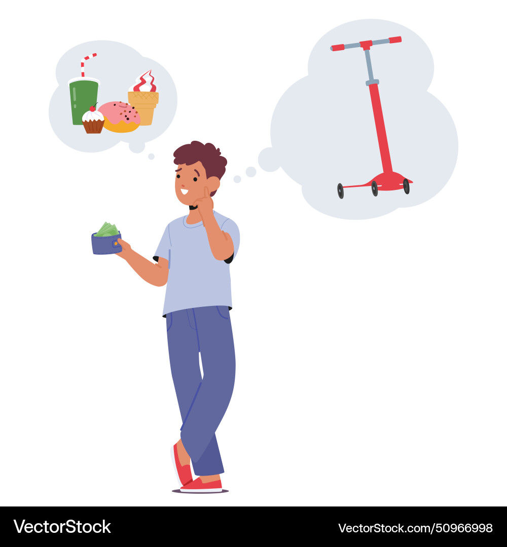 Boy character deliberates on spending his money Vector Image