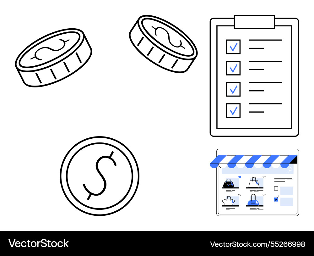Coins checklist with blue checkmarks and online Vector Image