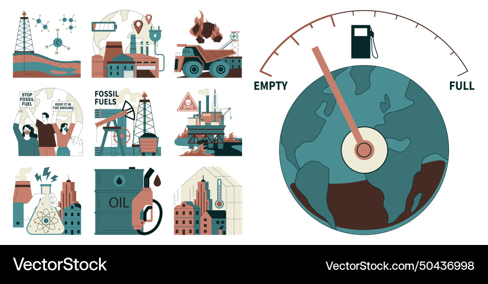 Fossil fuel set resources extraction Royalty Free Vector