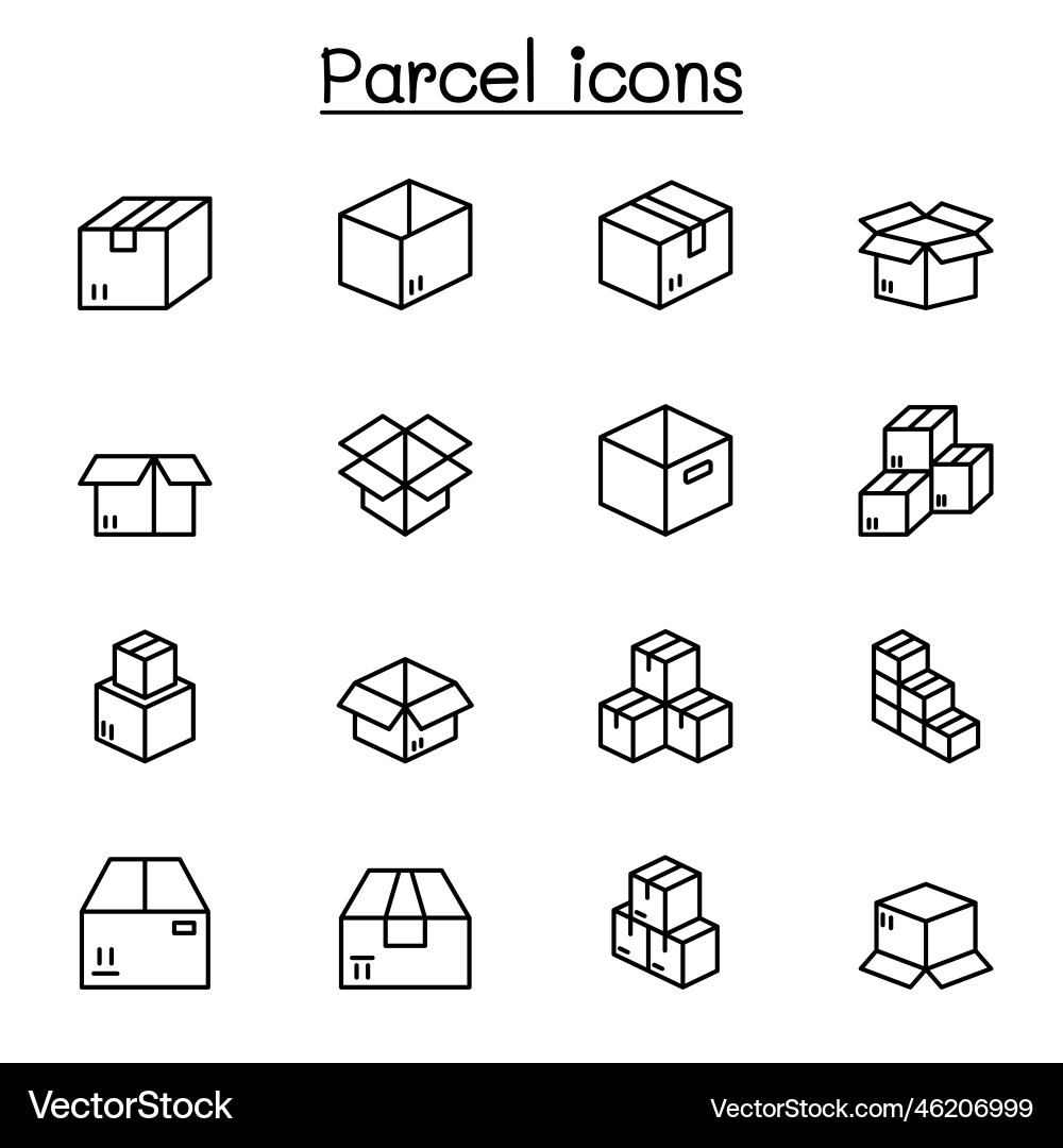Parcel box icon set in thin line style Royalty Free Vector