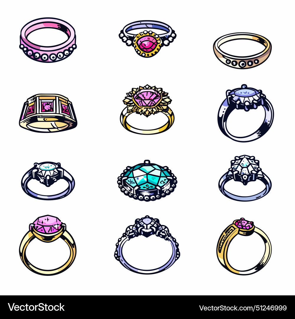 Twelve stylized engagement rings variety Vector Image