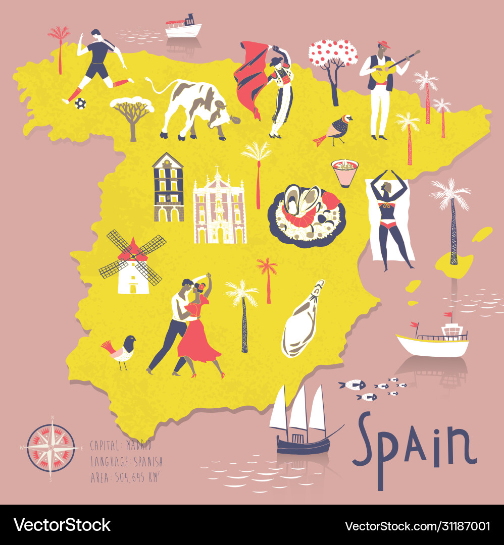 Cartoon map spain with legend icons Royalty Free Vector
