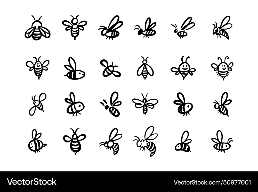 Doodle hand drawn bee set cartoon outline line Vector Image