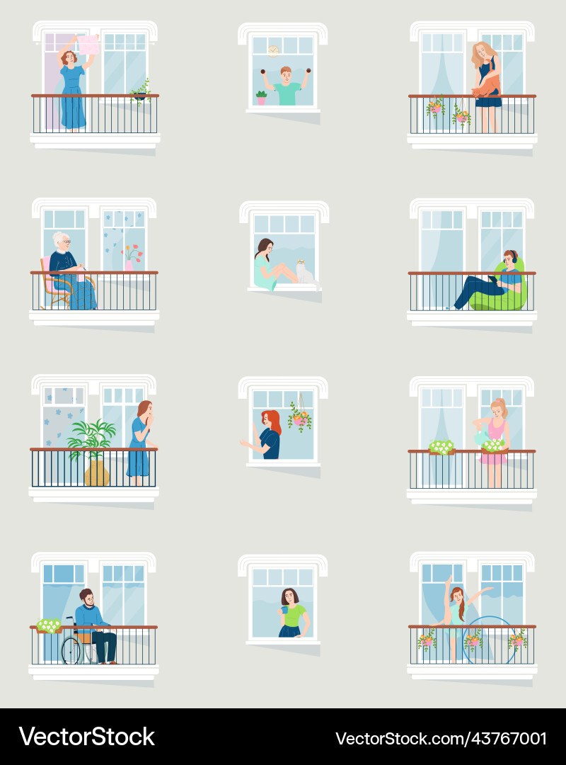 Neighbours in their windows flat icons Royalty Free Vector