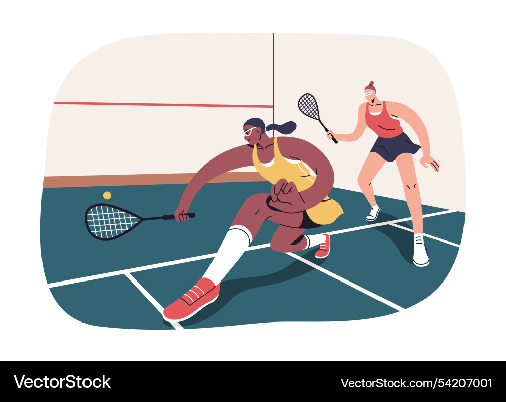 Squash game on court women playing with racket Vector Image