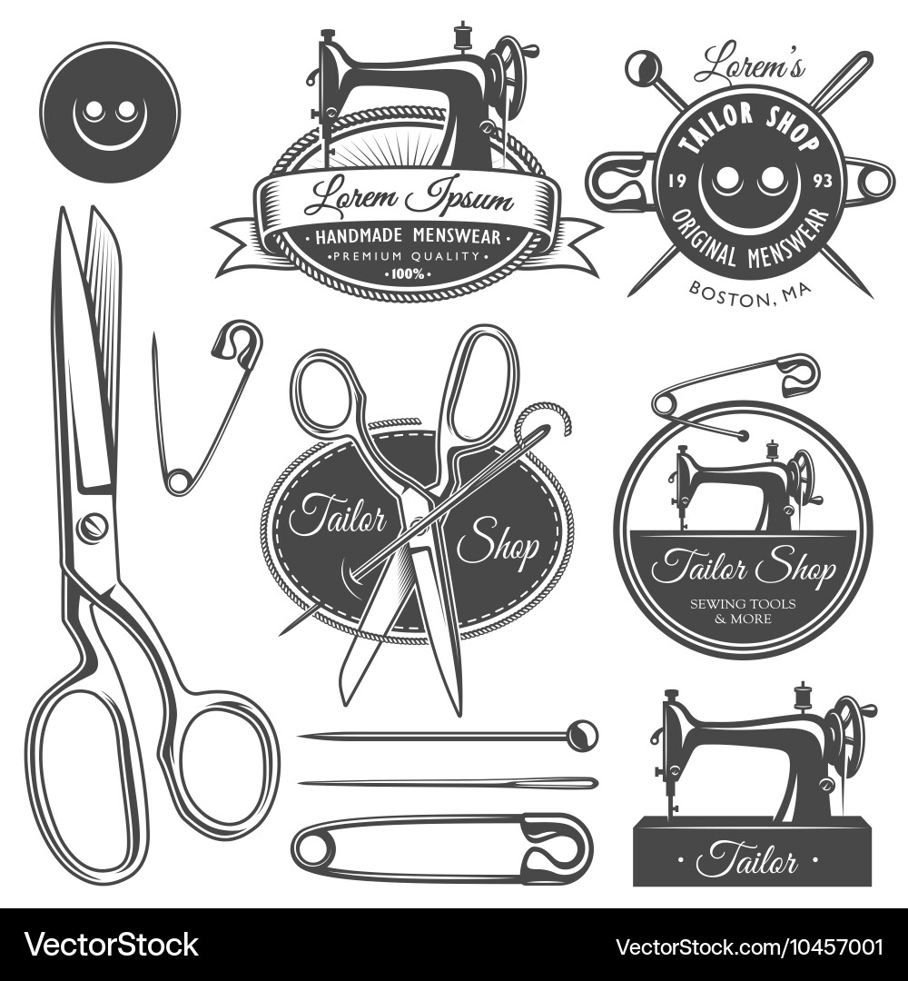 Vintage Tailor Tools & Emblems Set Royalty Free Vector
