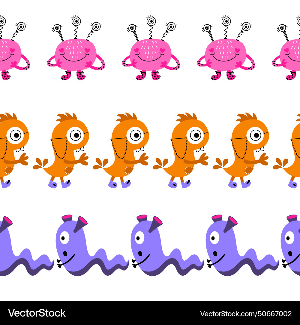 Cute monsters seamless horizontal borders set Vector Image