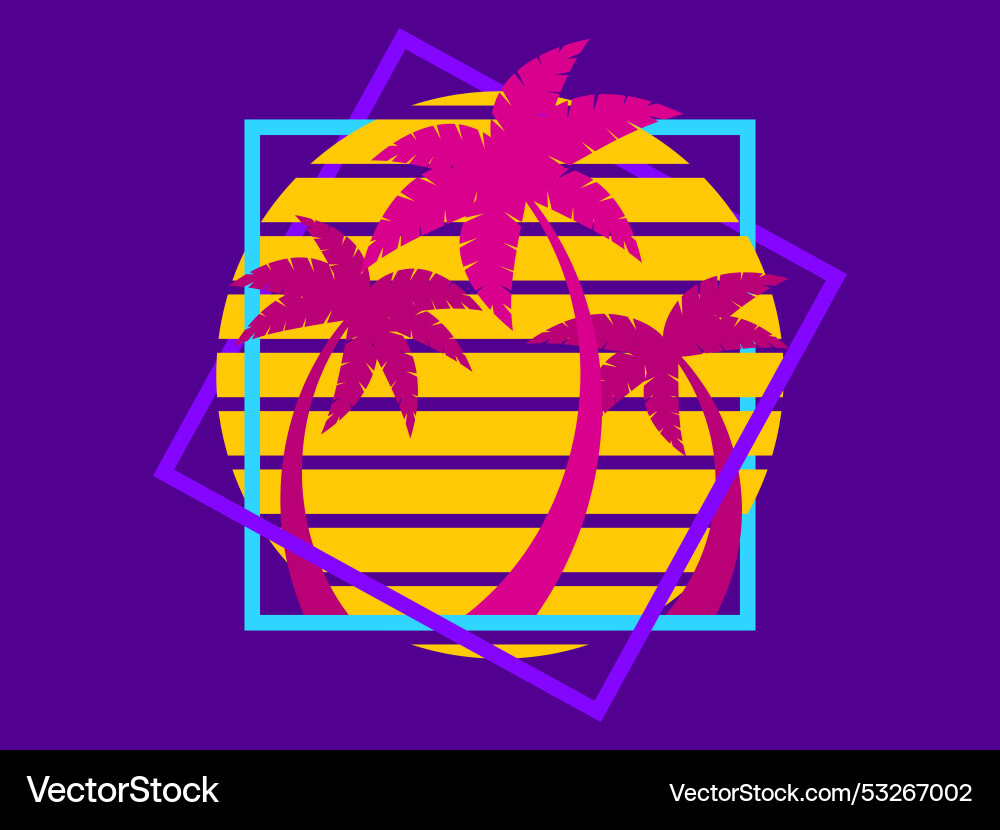 Palm trees at sunset retro sun in 80s style Vector Image