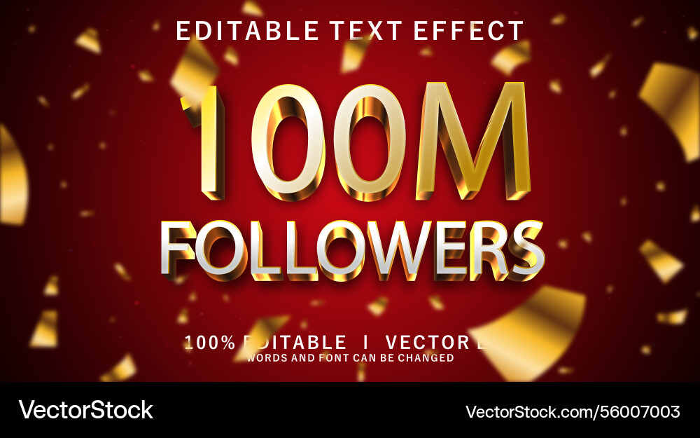 100m followers 3d text effect with modern style Vector Image