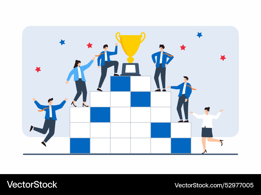 Flat of team members building tower Royalty Free Vector
