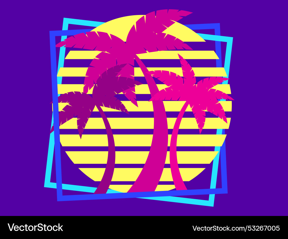 Palm trees at sunset retro sun in 80s style Vector Image