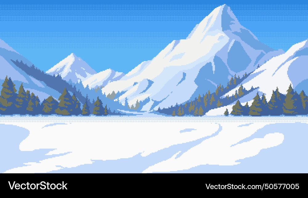 Winter pixel art mountain landscape in 8-bit Vector Image