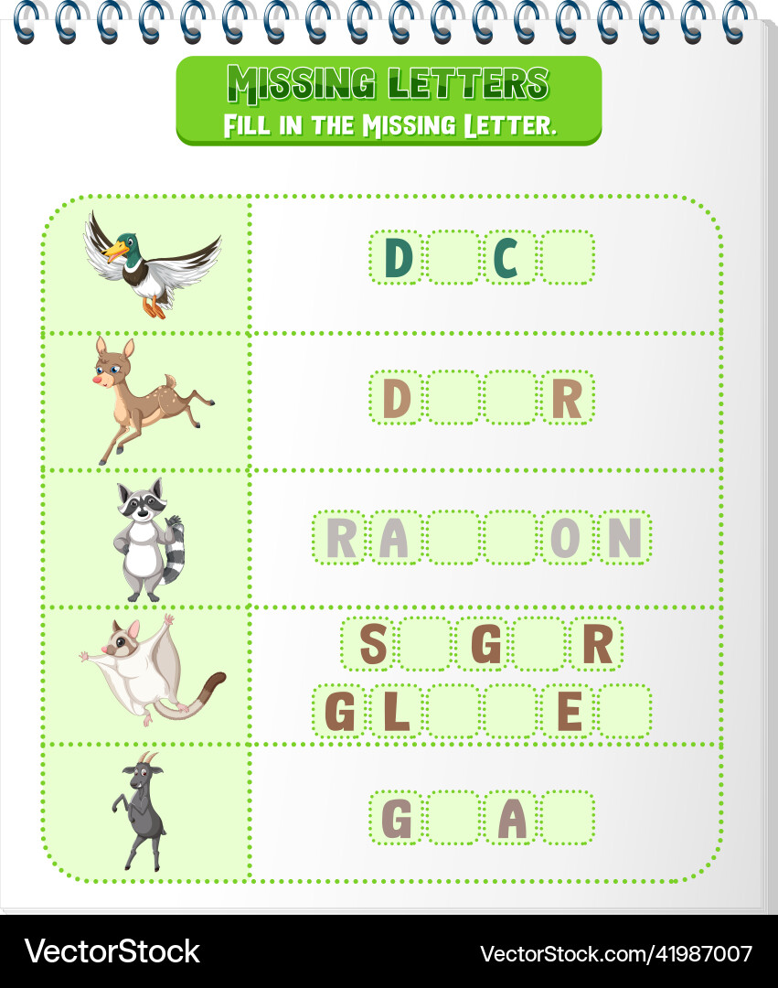 Fill the missing letter of each word worksheet Vector Image