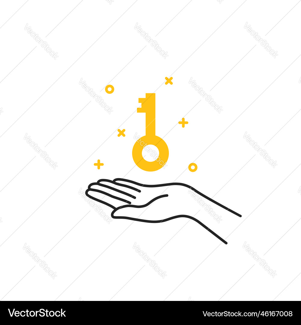 Black thin line hand holding golden key icon Vector Image