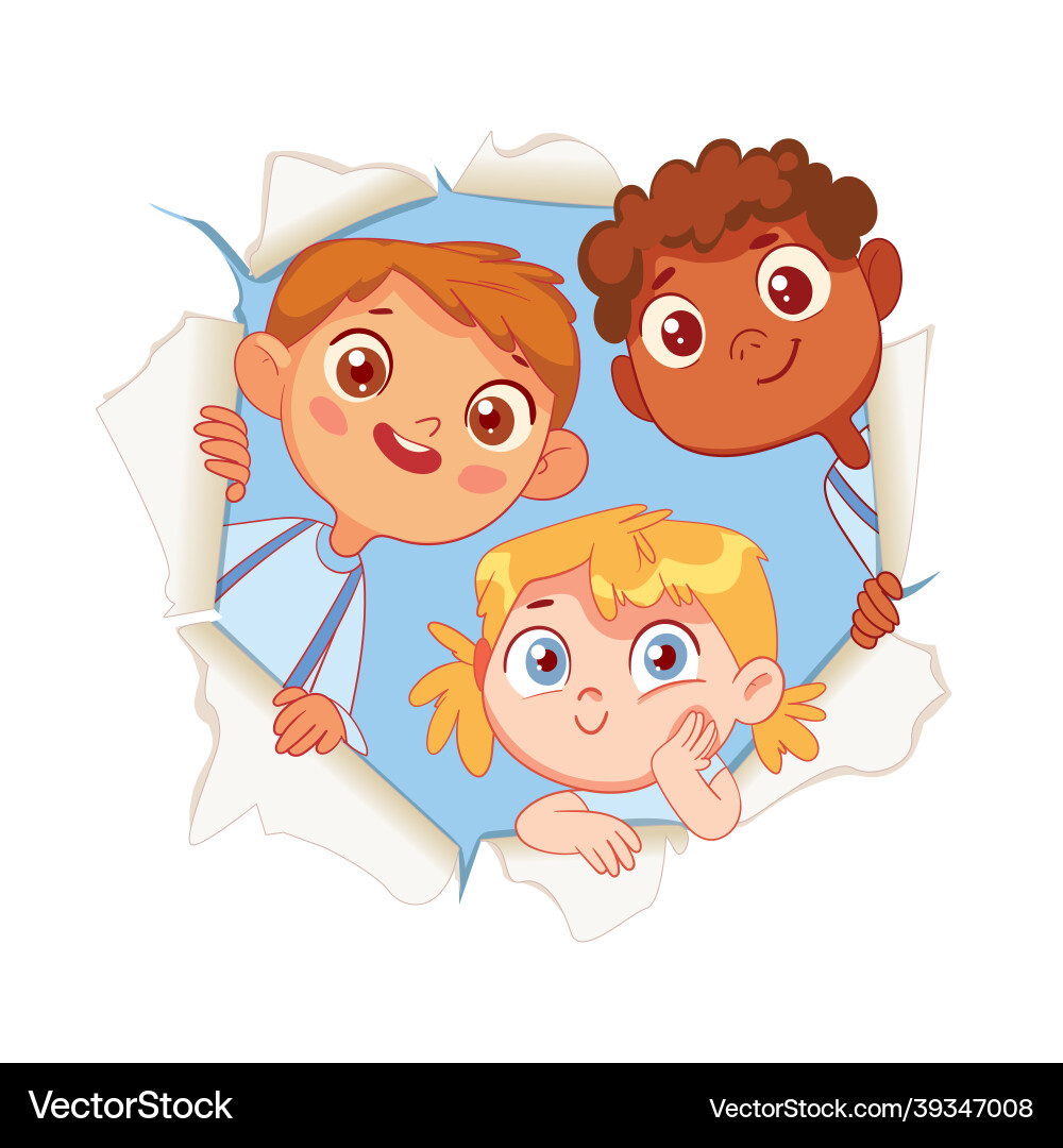 Children look through a torn paper hole Royalty Free Vector