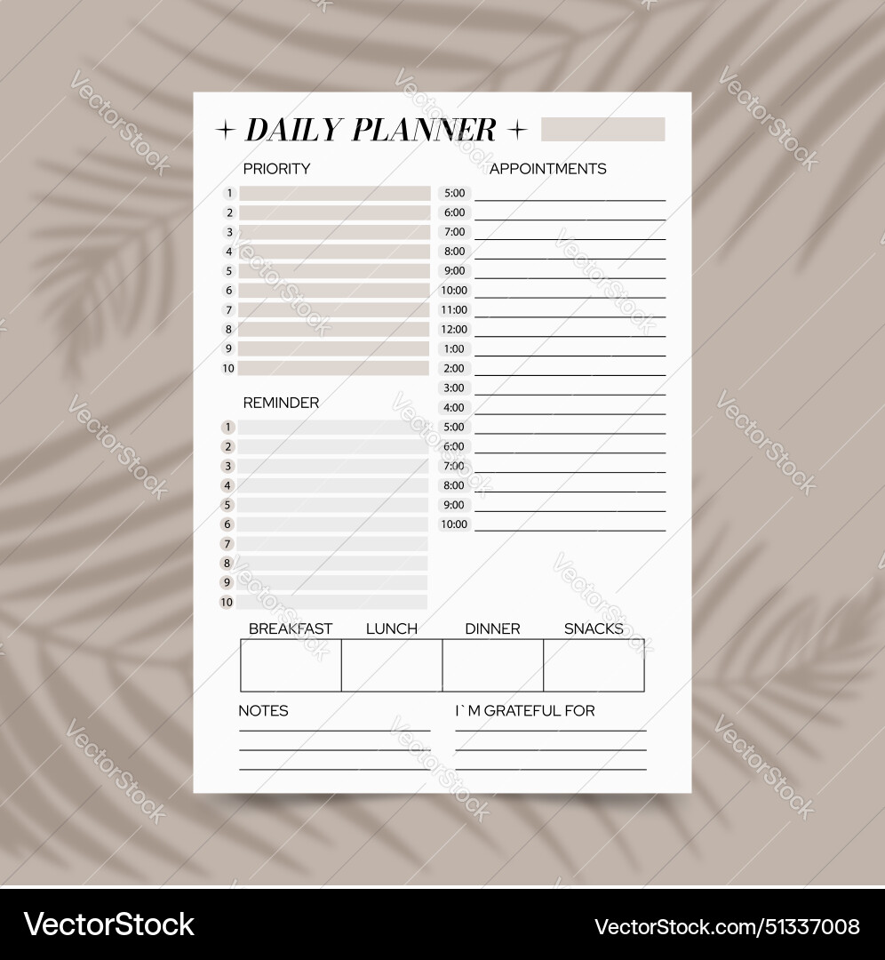 Minimalist daily planner template Royalty Free Vector Image